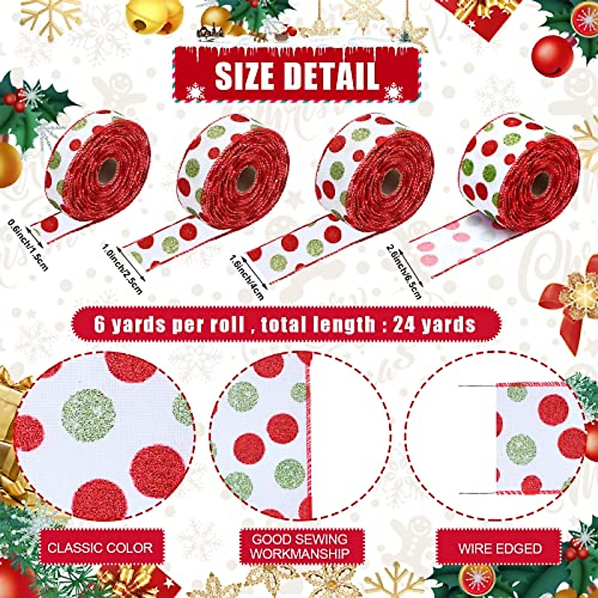 4 Rolls 24 Yard Christmas Green Red Dot Ribbons, 4 Sizes Glitter Wired Edge Ribbons Burlap Polka Dot Ribbon Wide Christmas Ribbon for DIY Craft Bows, 6 Yard Per Roll (White)