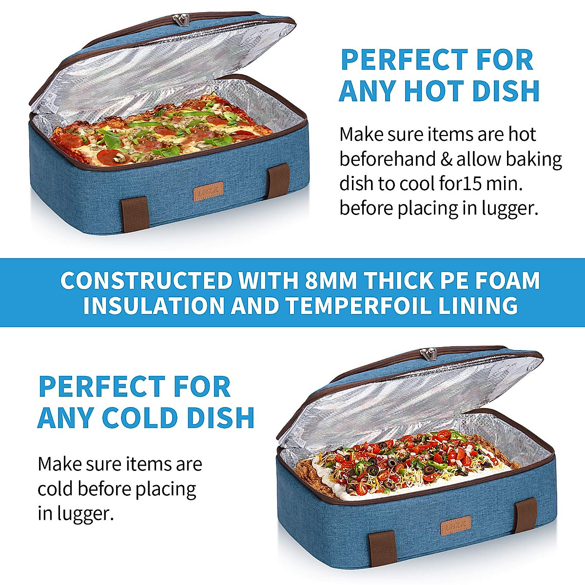 LHZK Double Decker Insulated Casserole Carrier for Hot or Cold Food, Expandable Hot Food Carrier, Lasagna Holder Tote for Potluck Parties, Picnic, Beach, Fits 11 x 15 or 9 x 13 Baking Dish (Blue)