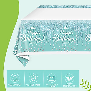 Juhap 41 Pcs Teal and Silver Tableware Set for Happy Birthday Table Decorations Blue Birthday Theme Dessert Plates Napkins Tablecloth for 20 Guests Girls Women Silver Glitter Birthday Party Supplies