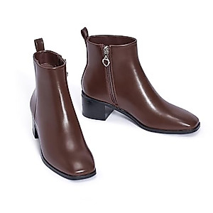 GENSHUO Ankle Boots for Women 2 Inch Low Chunky Heeled Square Toe Booties with Side Zipper Fall Winter Fashion Comfy Block Chelsea Boots Brown Size 8