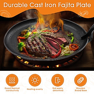 FoldTier 2 Sets Cast Iron Skillet Set 10.63'' x 6.89'' Fajita Plate Sizzling Pan with Wooden Base Anti Scald Protection Removable Handle for Restaurant Kitchen Cooking Accessory BBQ Party