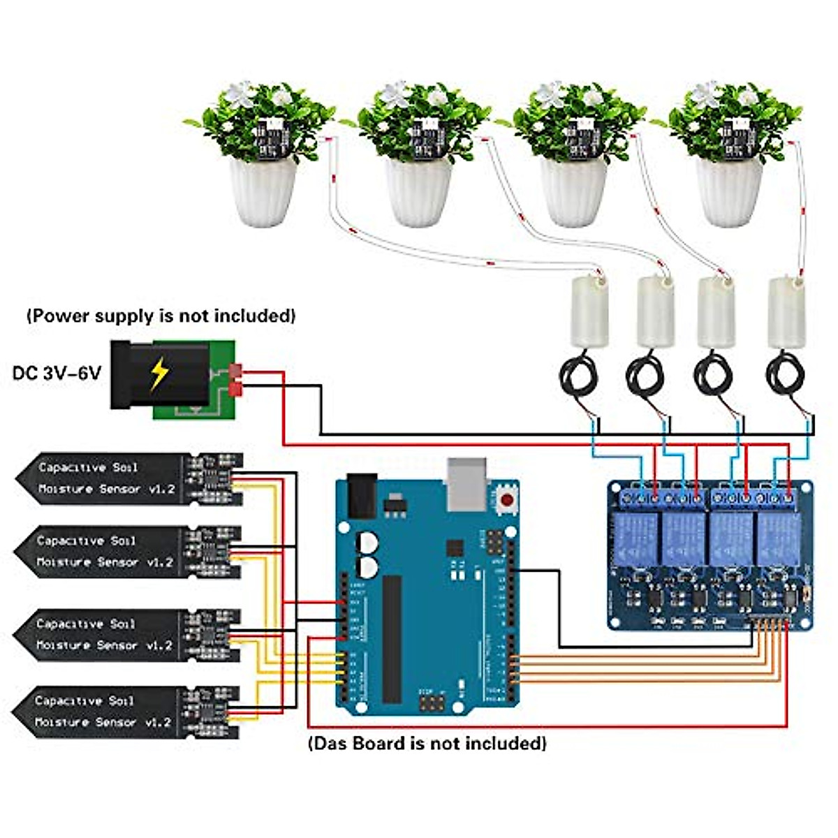 WayinTop Automatic Irrigation DIY Kit Self Watering System with PDF Tutorial, 4pcs Capacitive Soil Moisture Sensor 4Channel 5V Relay Module and 4pcs Water Pump + 4M Vinyl Tubing for Garden Plant