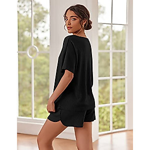 Ekouaer Waffle Knit Pajamas Set Womens Loungewear Short Sleeve Lounge Set 2 Piece PJ Sets S-XXL Black
