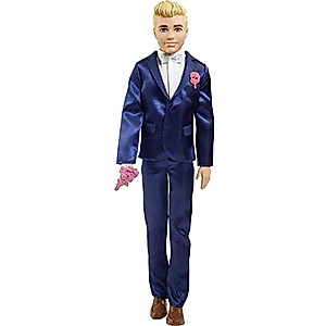 Barbie Ken Doll, Blonde Fairytale Groom with Satiny Blue Suit and 5 Accessories Including Bouquet and Wedding Cake