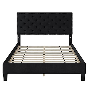 HOSTACK Queen Size Bed Frame, Modern Upholstered Platform Bed with Adjustable Headboard, Heavy Duty Button Tufted Bed Frame with Wood Slat Support, Easy Assembly, No Box Spring Needed(Black, Queen)