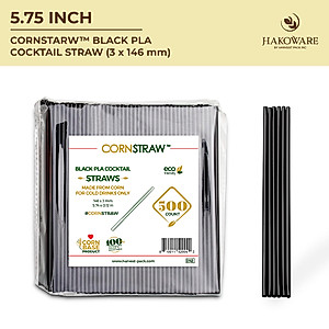 [500 COUNT] CORNSTRAW 5" Black PLA Cornstarch Plasticless Disposable Drink Stirrer Cocktail Straw