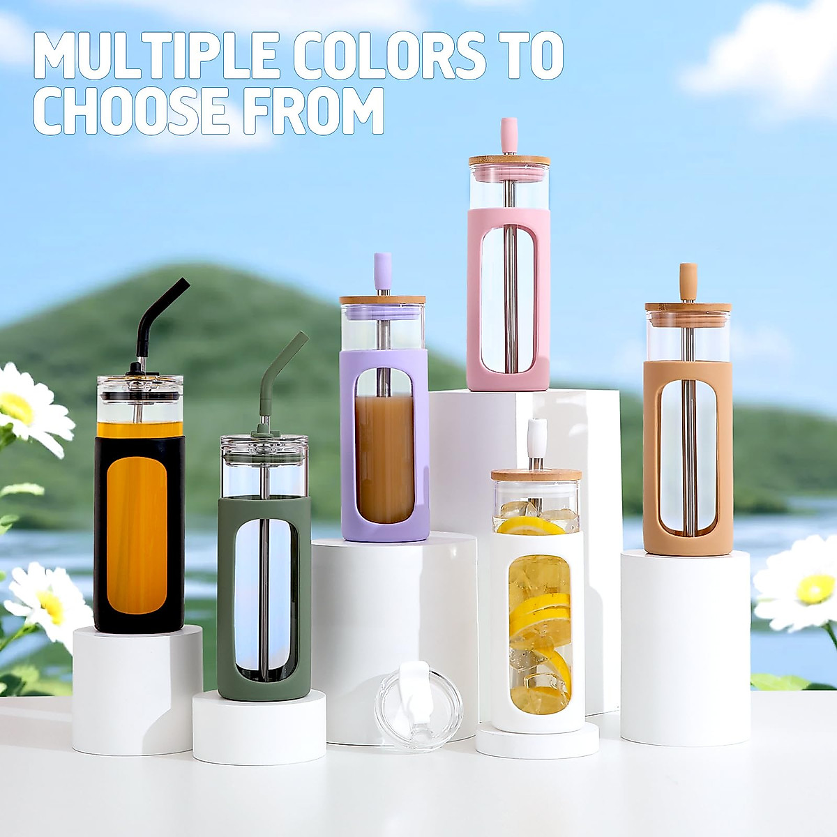 Kodrine 24oz glass tumbler with straw and lid,Iced coffee cup, Leak-proof Lid and Straw,Smoothie Cup With Bamboo Lid,Fit in Cup Holder, BPA Free, Dishwasher Safe (1, Olive)