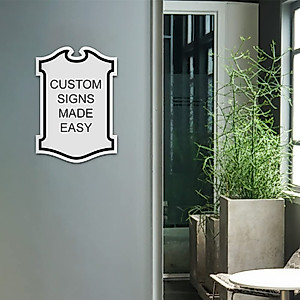 ComplianceSigns.com 10"x7" Plaque Shaped Engraved Custom Sign with Adhesive Strips, Engraved Plastic with Acrylic Core, Black on Marbled Platinum