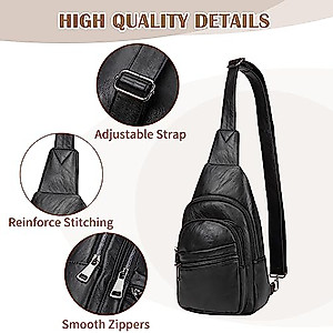 RAVUO Sling Bag, PU Leather Crossbody Backpack for Women Men Casual Hiking Daypack Multipurpose Chest Bag for Work College Black