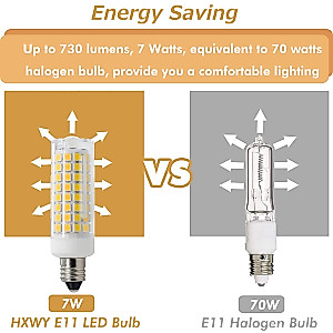HXWY E11 LED Bulb, Mini Candelabra Base, Omni-Directional 7W 730LM 120V E11 Indoor Lighting Bulb Replaces T3/T4 JD E11 Warm White 3000K(Pack of 4)
