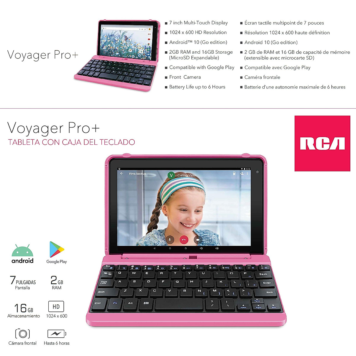 RCA Voyager Pro+ [RCT6876Q22K00] 7 Inches 2GB RAM 16GB Storage with Keyboard Case Tablet Android 10 (Go Edition) (Pink)