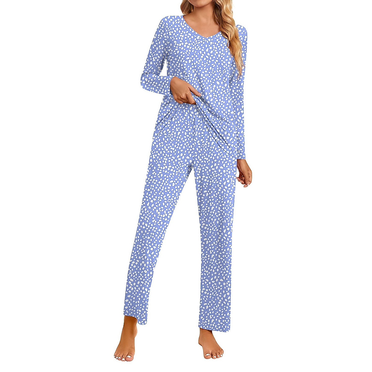 syoss Women's Fall Pajama Sets Long Sleeve Sleepwear Soft Comfy Pj Lounge Sets L, Spotted Blue