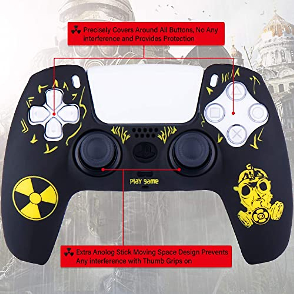 YoRHa Silicone Rubber Back Dots Carving Customizing Skin Cover for PS5 Controller x 1(Radiation Yellow) with Pro Thumb Grips x 10