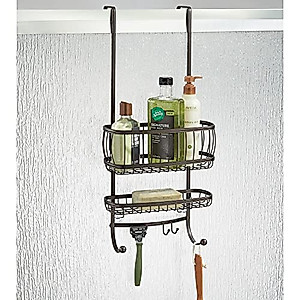 mDesign Metal Wire Over Door Bathroom Tub & Shower Bath Caddy, Hanging Storage Organizer Center - Holds Shampoo, Conditioner, Body Wash, Razor, Towel - 2 Baskets, 6 Hooks - Hyde Collection - Bronze
