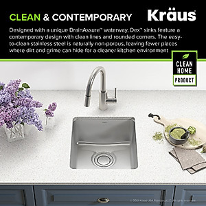 KRAUS Dex 17-Inch Undermount Single Bowl TRU16 Gauge Stainless Steel Kitchen Bar Sink with DrainAssure WaterWay and VersiDrain Assembly in Radiant Pearl Finish, KD1US17B