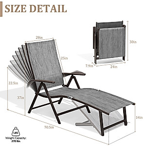 VredHom 4PCS Patio Chaise Lounge Outdoor Folding Adjustable Lounge Chair Recliner with 8 Adjustable Backrest Positions for Pool Beach Yard, Dark Gray Textliene and Brown Aluminum Frame