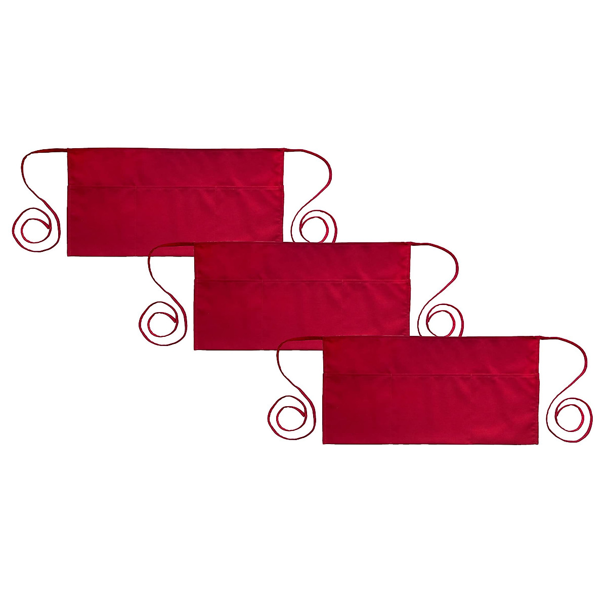 PLOYMONO Waist Apron with 3 Pockets, 3 Pack Polyester Half Server Apron for Women&Men, Half-length Short Apron Long Waist Strap for Restaurant Servers, Bartenders, Hosts (24”L x 12”W) Red
