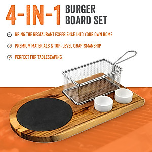 Yukon Glory™ Burger Serving Set, Perfect For Foodies, Burger Lovers and Tablescapes, Includes Premium Acacia Wood Board With Slate, Stainless Steel Fry Basket and Porcelain Condiment Cups,
