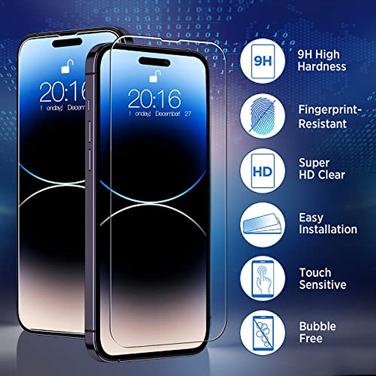 Denyunuo 3 Pack Screen Protector for iPhone 14 Pro 6.1'' with 3 Pack Camera Lens Protector, Ultra HD Clear Full Screen Tempered Glass, 9H Hardness, Anti-Scratch, Easy Installation Frame, Bubble Free, Case Friendly