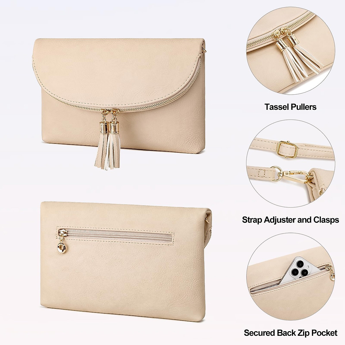 Solene Women's Envelop Clutch Crossbody Bag With Tassels Accent (WU075-Nude)