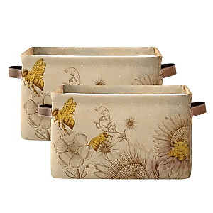 Retro Honey Bees and Sunflowers Rectangle Storage Basket Collapsible Storage Bin for Nursery Toys Books Waterproof Baskets for Closet Shelves Bedroom Decor