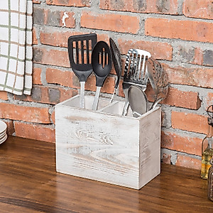 MyGift Whitewashed Wood Kitchen Utensil Holder Organizer, Countertop Flatware Silverware Cooking Utensil Crock Storage Caddy with 2 Compartments