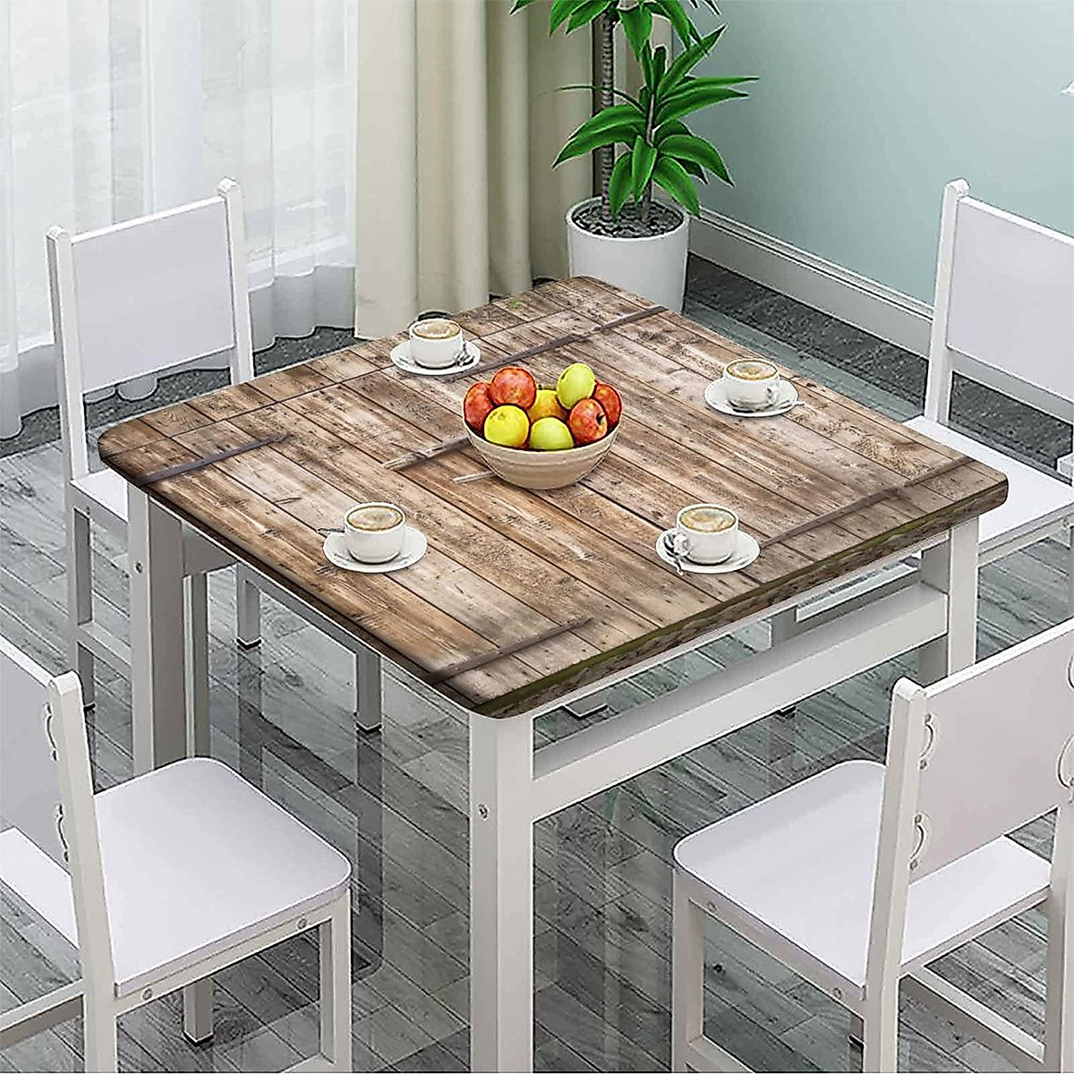 Square Fitted Elastic Edge Table Cloths, Wooden Grain Barn Door Washable Spill Proof Polyester Table Cloth, Great for Outdoor Home Kitchen/Parties/Holiday Dinner, Suitable for 36 x 36 in Table