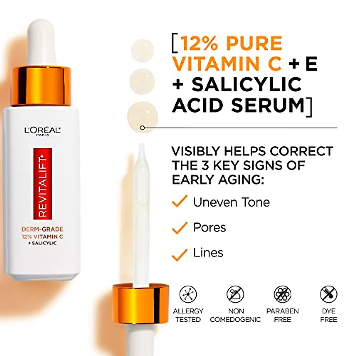 L'Oreal Paris Revitalift 12% Pure Vitamin C Serum, Vitamin E, Salicylic Acid, Moisturizing, Smoothing & Brightening, Non Greasy + Moisturizer Sample