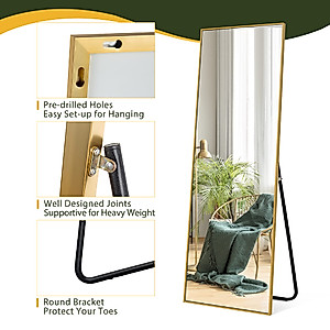 NicBex 64 x 21 Inch Full Length Mirror, Aluminum Alloy Frame Large Wall Mirror, Vanity Mirror, Bedroom Mirror, Dressing Mirror, Living Room Mirror, Gold, with Stand