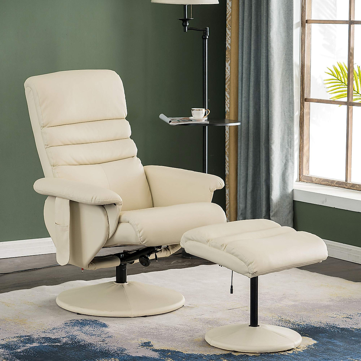 MCombo Recliner with Ottoman, Reclining Chair with Massage, 360 Swivel Living Room Chair Faux Leather 7902 (Cream White)