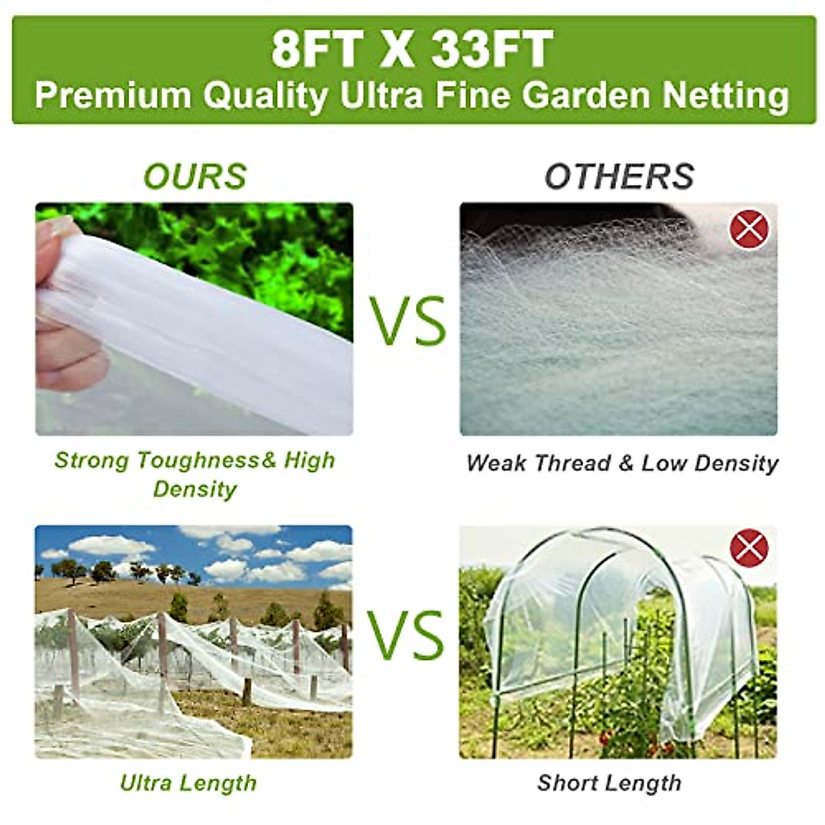 75 Pieces Garden Mesh Netting Kit, 8 x 33 Ft Plant Cover Ultra Mesh Netting & 8 Pcs Garden Hoops & 16 Pcs Clips for Vegetable Plants Fruits Flowers Crop Greenhouse Cover Birds Animals Protection Net