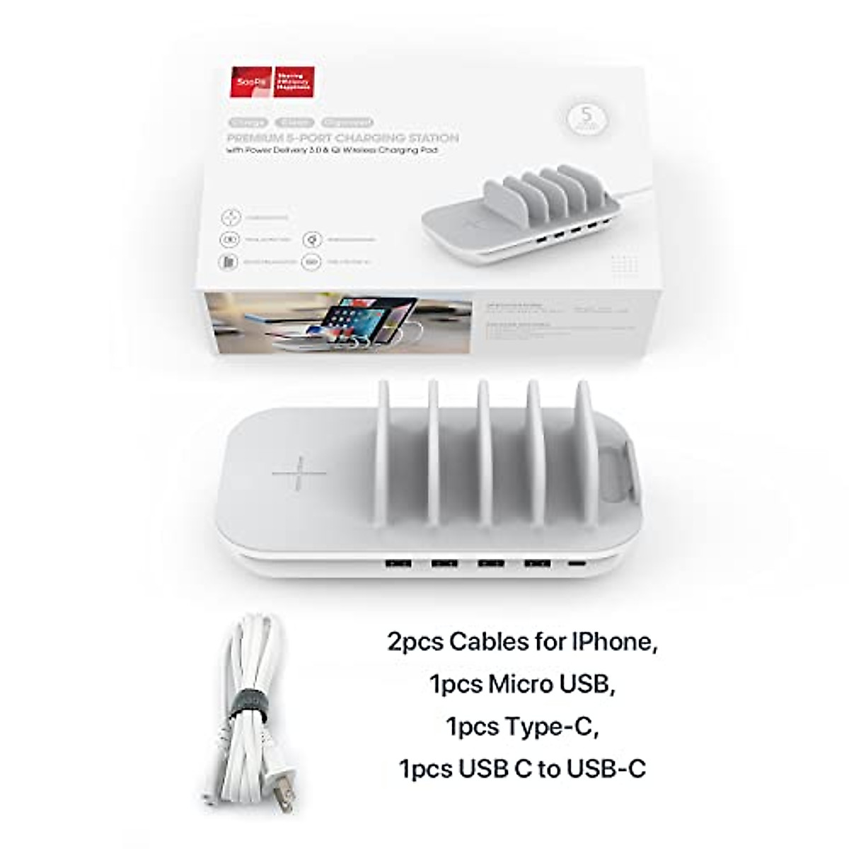 SooPii 70W Charging Station for Multiple Devices,5 Port Charging Dock with 15W Wireless Charger, 25W USB C PD/PPS Fast Charging for lPad,lPhone 13/Xs/Max/12/Samsung,5pcs Mixed Charging Cables Included