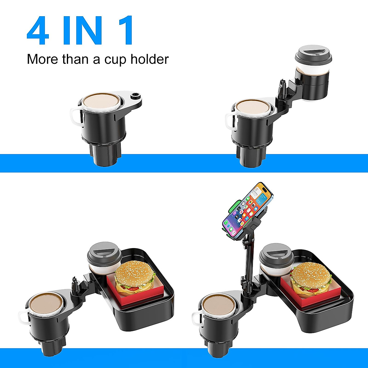 Car Cup Holder Tray with Phone Mount, 4 in 1 Detachable Car Cup Holder Food Tray Expander with Solid Base, Two Cup Holders, Food Tray and Phone Mount, Road Trip Essentials for iPhone 15 and Smartphone