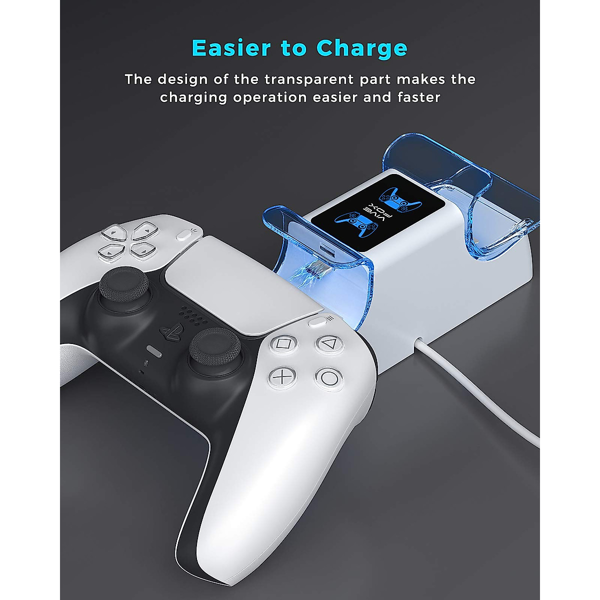Vivefox Upgraded PS5 Controller Charger, Dual Charging Dock Station for Playstation 5 PS5 Controller with 5V/1.2A Fast Charging Cable, Playstation 5 Charging Station with LED Indicator