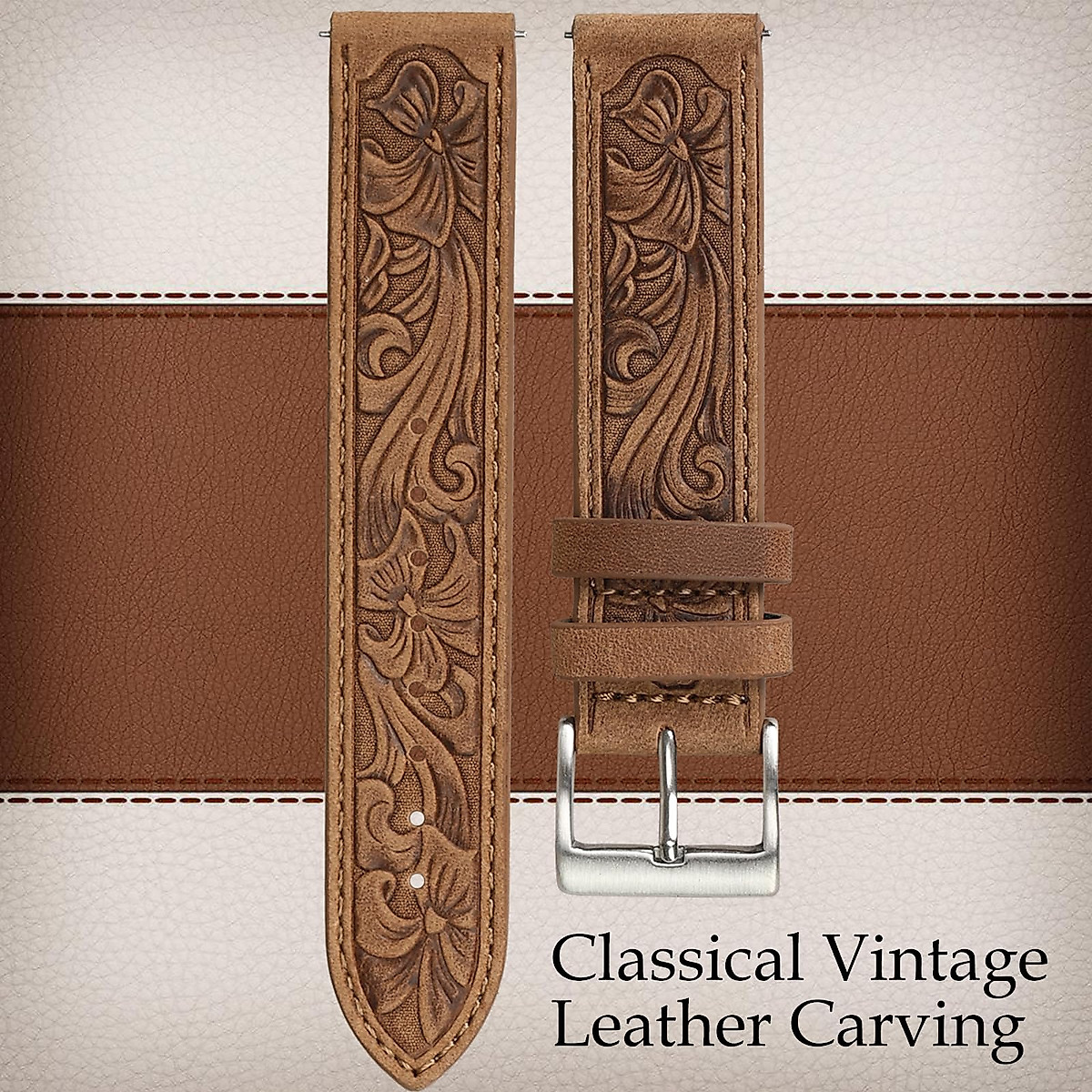 Deeplus 22mm Leather Watch Bands, Western Retro Embossed Leather Bands Compatible with Samsung Galaxy Watch 46/45mm, Gear S3 Frontier, Huawei Watch GT, Garmin Vivoactive 4/Forerunner 945, Retro Brown