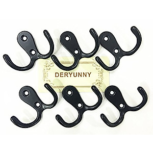 20 Pieces Double Prong Robe Hook Rustic Hooks Retro Cloth Hanger Coat Hanger Heavy Duty Double Prong Coat Hooks Wall Mounted Utility Hook with 44 Pieces Screws (Black Color)