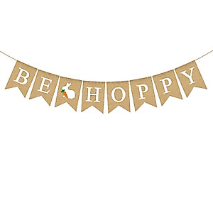 Rainlemon Jute Burlap Be Hoppy Banner with Bunny Spring Easter Party Decoration Supply