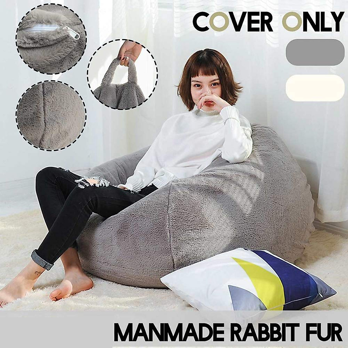 Lazy Sofas Cover, Handmade Rabbit Fur Warm Lounger Seat Bean Bag Cover Soft Beanbag Chair for Adult Teen Children, Without Filling,White,L