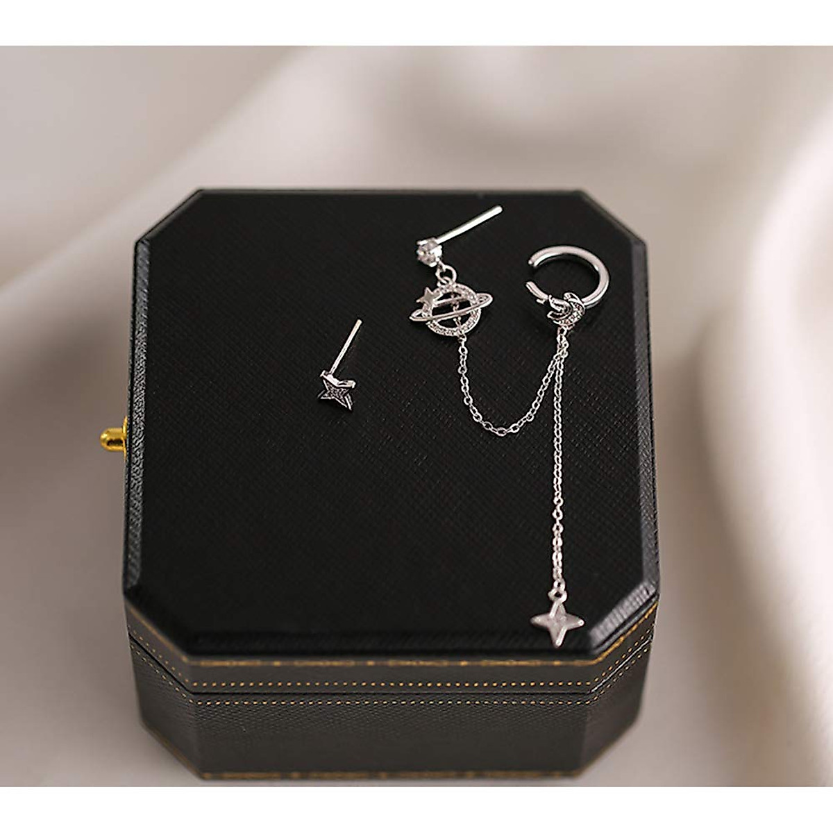 Planet CZ Moon Star Ear Cuff Wrap Clip On Clawler Climber Hoop 925 Sterling Silver Stud Chain Threader Tassel Asymmetric Earrings for Women Cute Hypoallergenic Gifts Daughter Bff (silver)