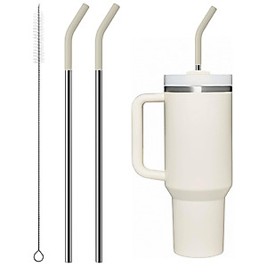Bluwing Metal Straw with Silicone Tip for 40oz Stanley Cup, 2 Pcs Stainless Steel Straws Replacement for Stanley 40 oz 30 oz Adventure Quencher Travel Tumbler Cup, 1 Straw Brush (Cream Grey)