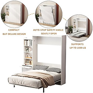 WOXYX Full Size Murphy Bed with Shelf and Drawers, Mordern Design Multifunctional Foldable Platform Bedframe Gas Struts,White