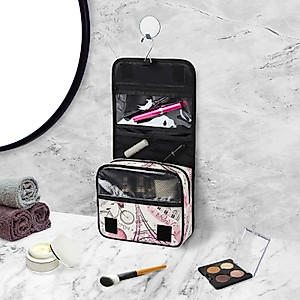AUUXVA Hanging Toiletry Bag for Women, Paris Eiffel Tower Makeup Bag, Floral Flower Cosmetic Bag, Travel Essentials for Women Men