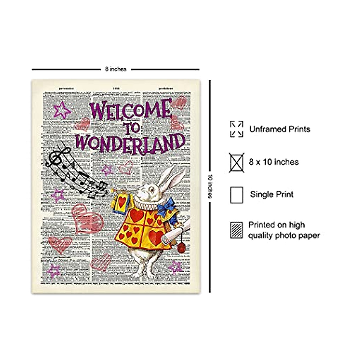 Alice Wonderland Art Print - White Rabbit Upcycled Dictionary Wall Art Poster for Nursery, Kids, Boys, Girls Room - Great Baby Shower Gift - 8x10 Unframed Photo