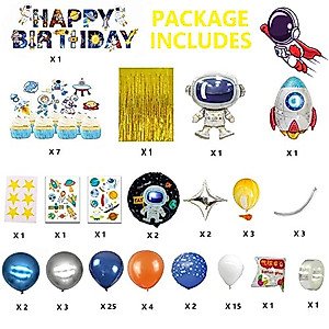 Outer Space Theme Birthday Party Decorations Happy Birthday Banner Balloons Tattoo Stickers Cake Toppers For Birthday Party, Boys Party, Astronaut Party Supplies