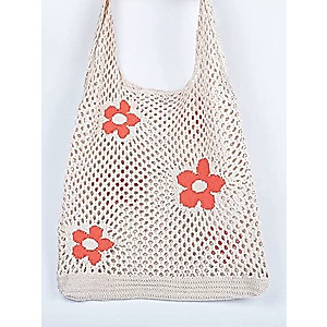 Crochet Tote Bag for Women - Cute Knitting Shoulder Tote Bags Purse Aesthetic Mesh Hollow Flower Woven Beach Tote Handbag (A Beige)