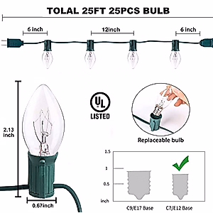 Pallerina C7 Christmas Lights, 25Ft C7 Clear Christmas String Lights with 27 C7 Warm White Bulbs, Vintage Christmas String Lights for Garden, Patio, Backyard, Cafe, Xmas Party, 5 Watt e12 Base