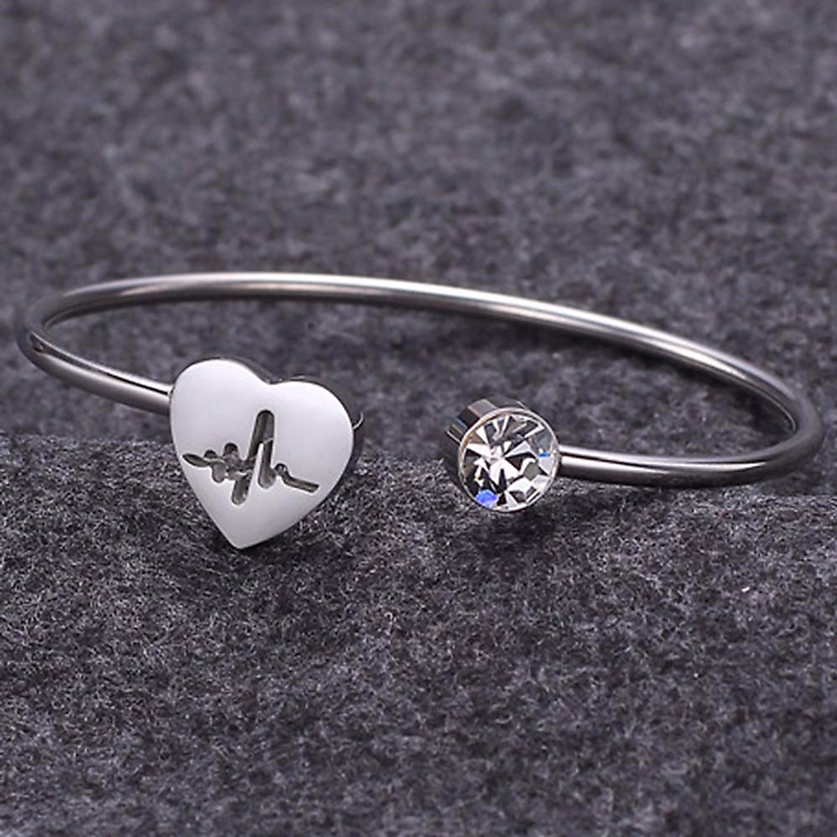 Jude Jewelers Stainless Steel Hear Shaped Open Cuff Statement Promise Anniversary Valentine Gift Bangle Bracelet (Silver)