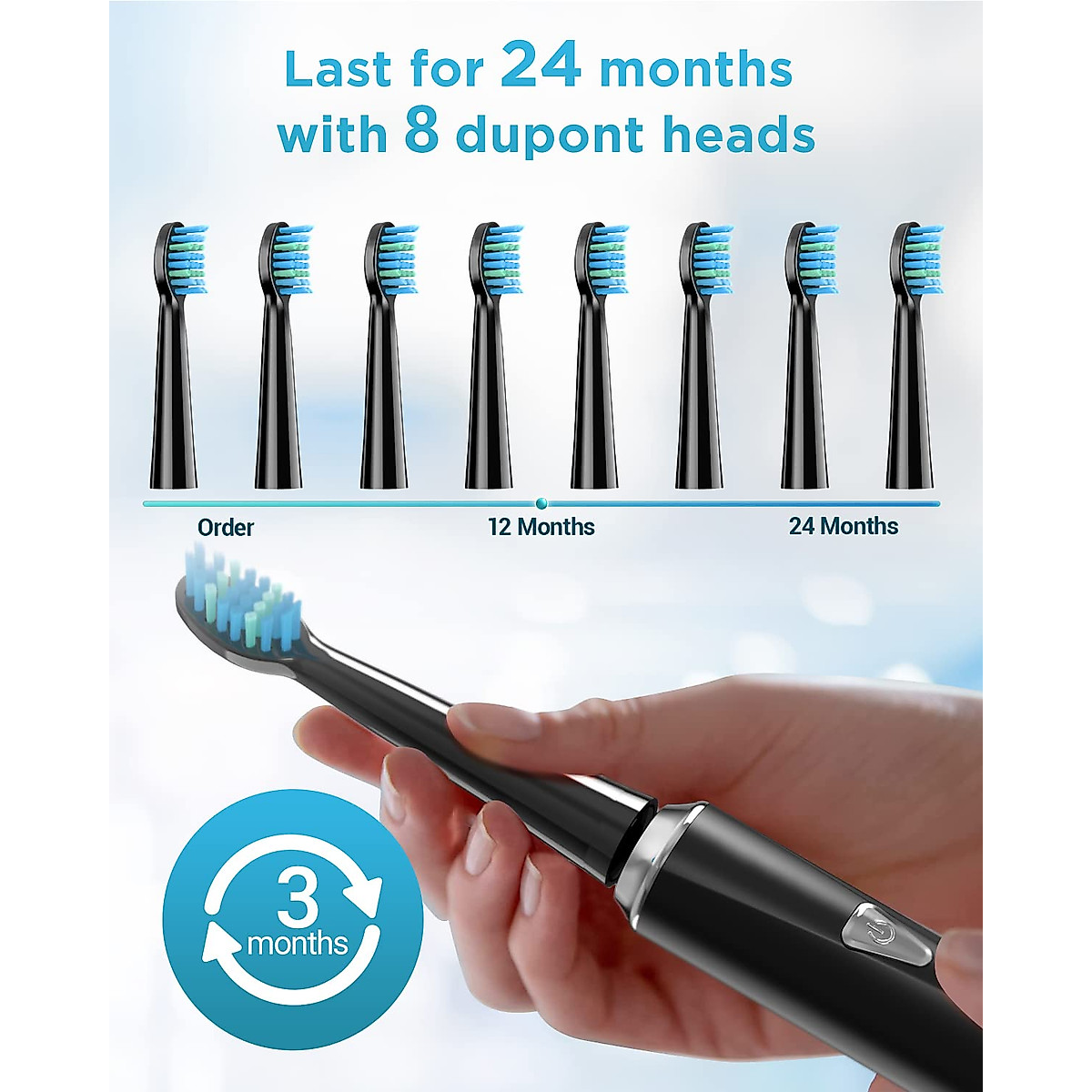 Electric Toothbrush Rechargeable Sonic Toothbrushes for Adults with 5 Brushing Modes and 8 Tooth Brush Replacement Head, 120 Days of Use with 3-Hour Fast Charge, Smart Timer and Deep Cleaning in Black