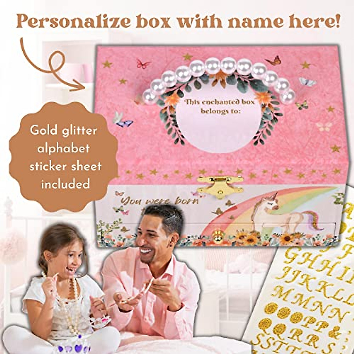 Emme Treasures Musical Jewelry Box - Personalizable Unicorn Kids Jewelry Box for Girls with Glitter Alphabet Stickers - Whimsical Girls Jewelry Box - Giftable Kids Music Box