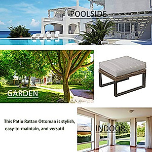 LOKATSE HOME Outdoor Ottoman Footstool Wicker Small Seat Patio Rattan Furniture with Soft Thick Cushion, U Shaped Steel Legs, Gray